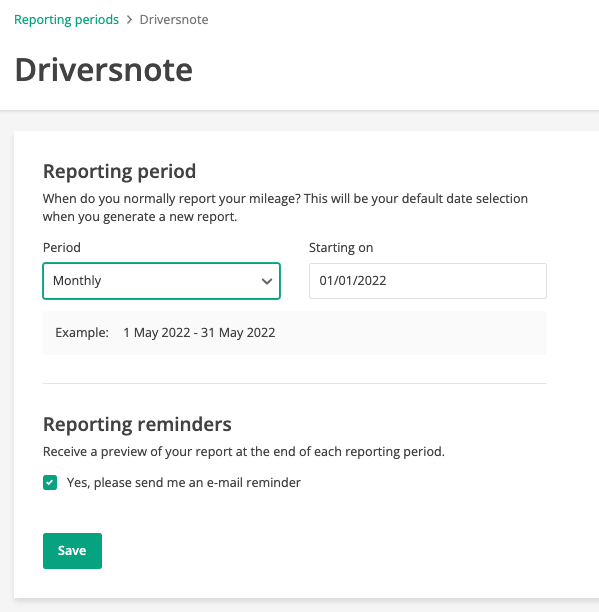 Set up periods and reminders for your mileage reports - Driversnote Knowledge Base